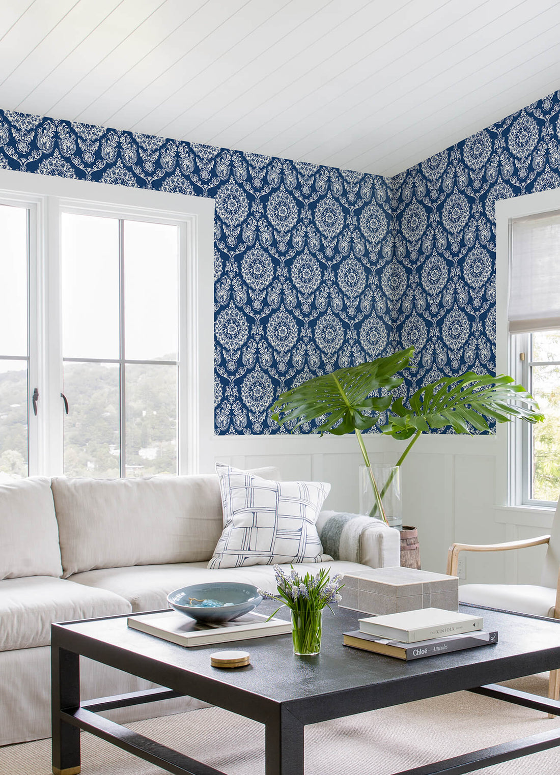 4071-71018 Chesapeake Blue Heron Helm Damask Floral Medallion Wallpaper ...
