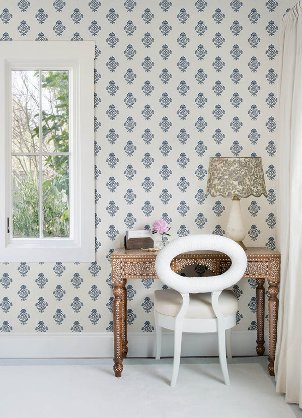 4148-27417 Chesapeake Printworks Hollyhock Blue Floral Crest Wallpaper ...