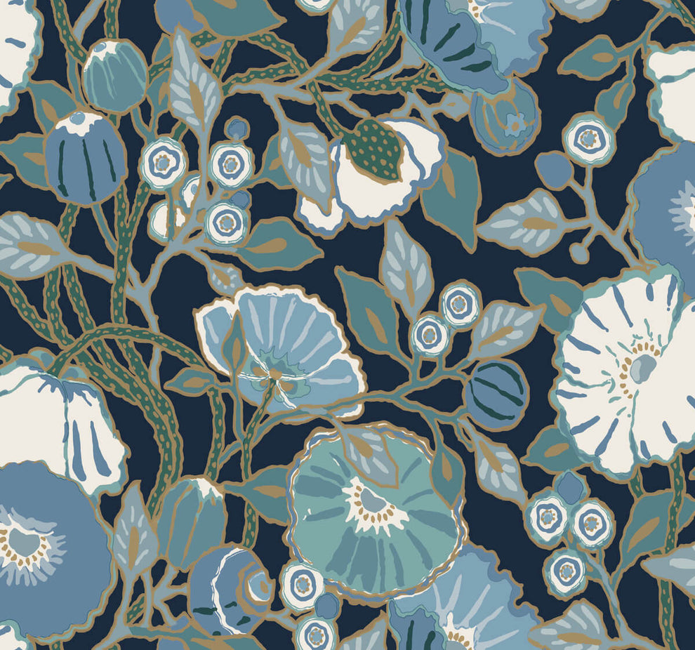 GO8312 Greenhouse Vincent Poppies Wallpaper - Indigo – US Wall Decor
