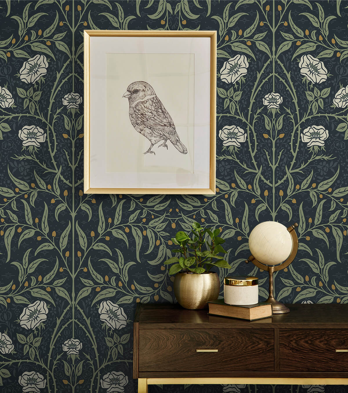 PR10202 Seabrook Stenciled Floral Wallpaper - Navy Blue & Sage – US Wall Decor